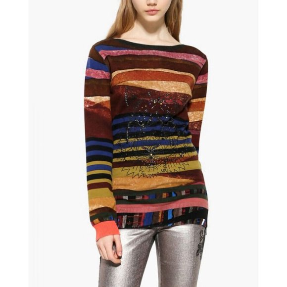Desigual | Sweaters | Desigual Multicolor Abstract Striped Rhinestone ...